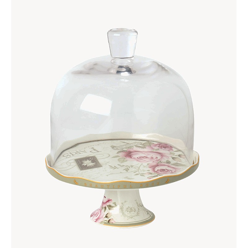 Τουρτιέρα Με Γυάλινο Καπάκι Και Πόδι Floral Paris Roses Μ33460-1