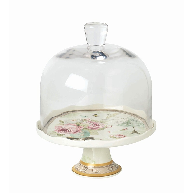 Τουρτιέρα Με Γυάλινο Καπάκι Και Πόδι Floral Paris Roses Μ24060-1